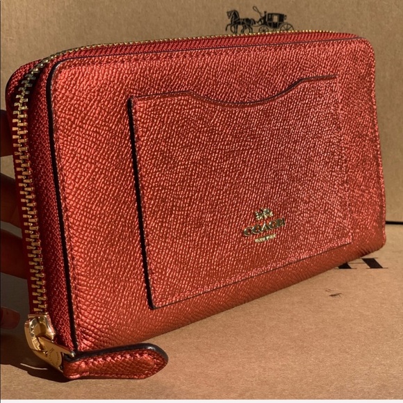Coach | Bags | Coach Metallic Red Leather Zip Accordion Wallet | Poshmark